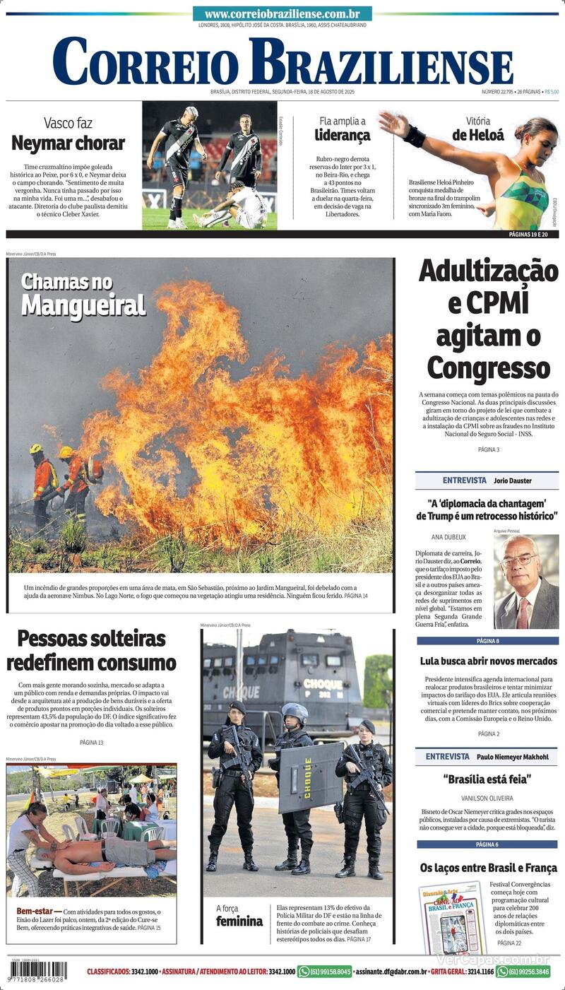Capa Correio Braziliense Edição Segunda,18 de Agosto de 2025