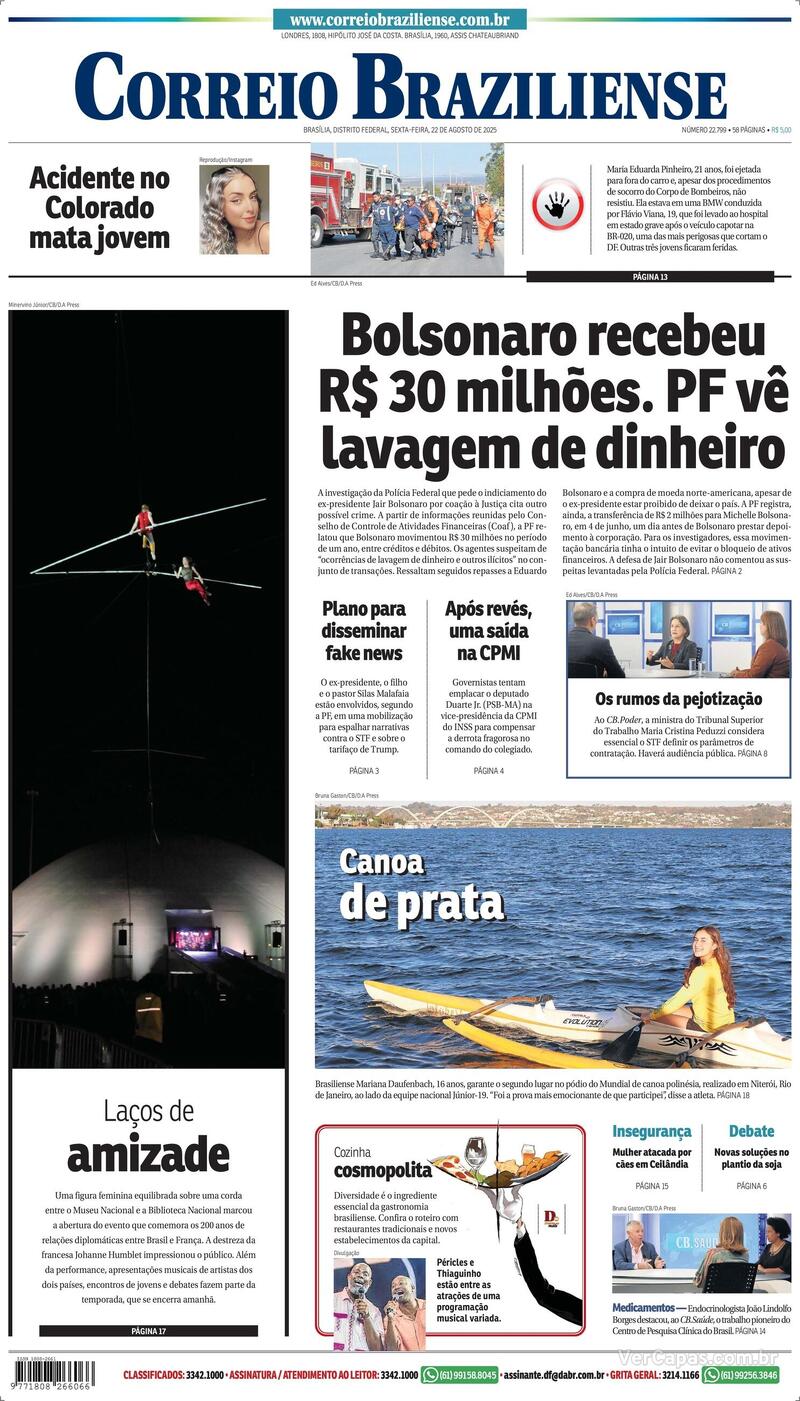 Capa Correio Braziliense Edição Sexta,22 de Agosto de 2025