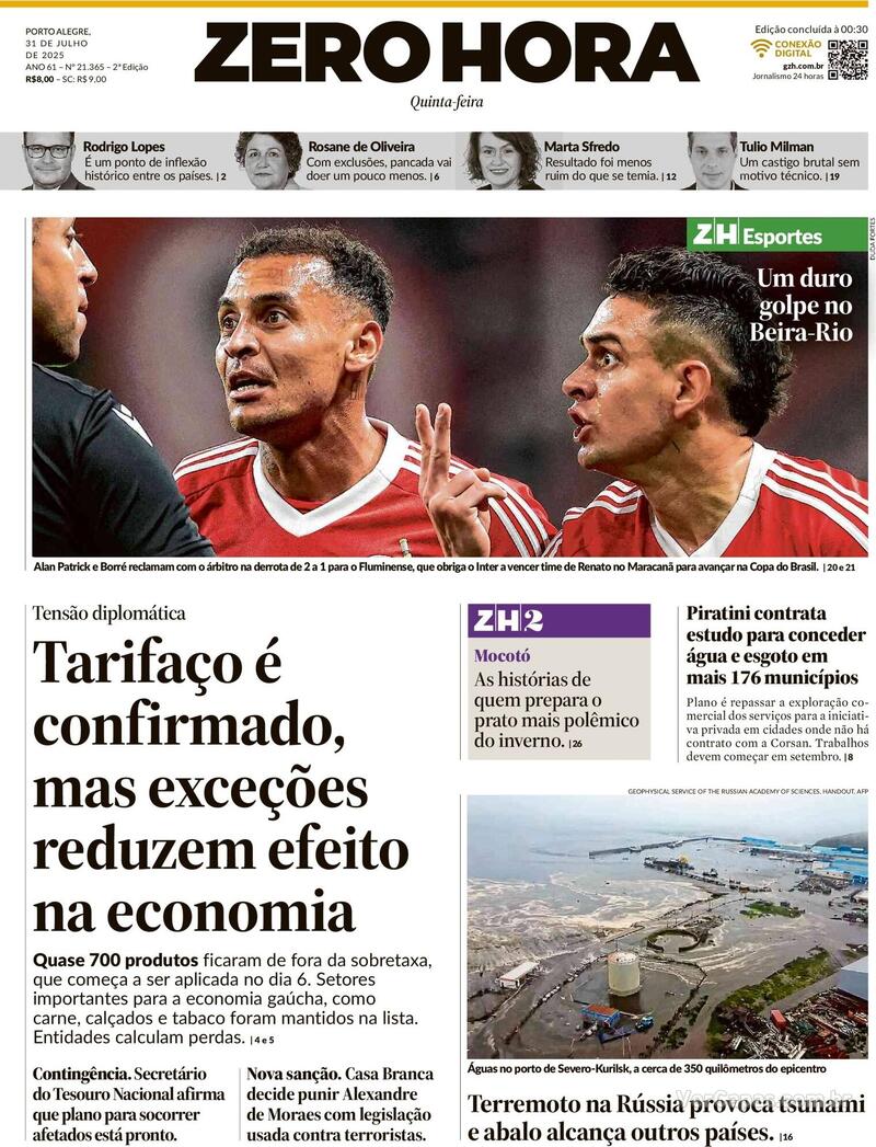 Capa Zero Hora Edição Quinta,31 de Julho de 2025